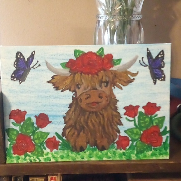 Hand Crafted | Art | Hand Painted Highland Cow With Roses Butterfly ...